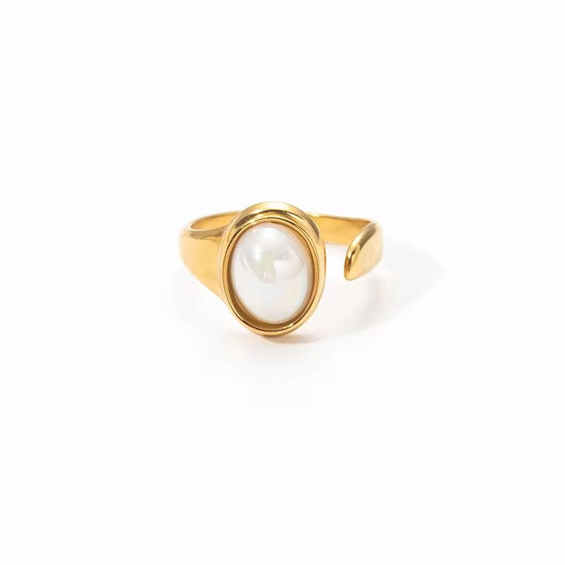 SJ 888 White Pearl Stone Ring Adjustable - 18k Gold PVD plated stainle ...